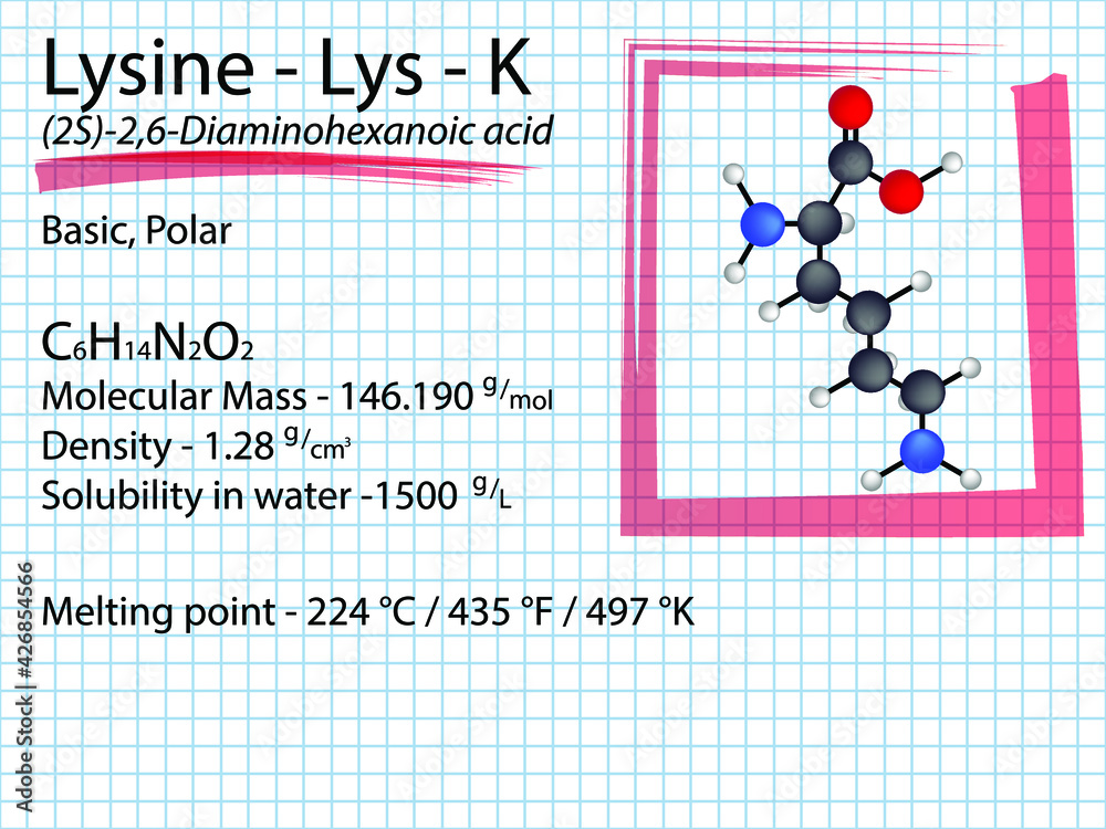 Lysine - Lys - K - Essential Amino Acid molecular formula, chemical ...
