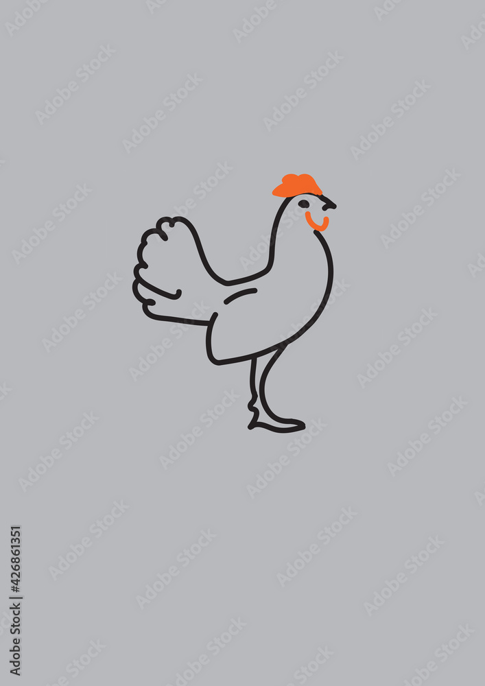 Stylized rooster character, side view, linear drawing, silhouette drawn ...