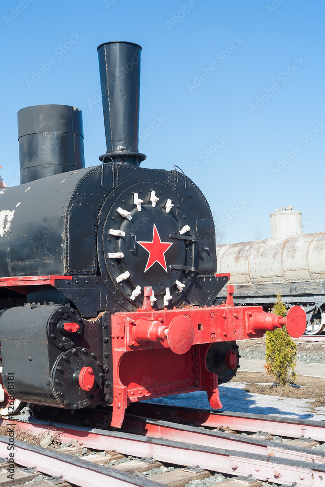 Steam locomotive in the open-air museum. Mega technique steam ...