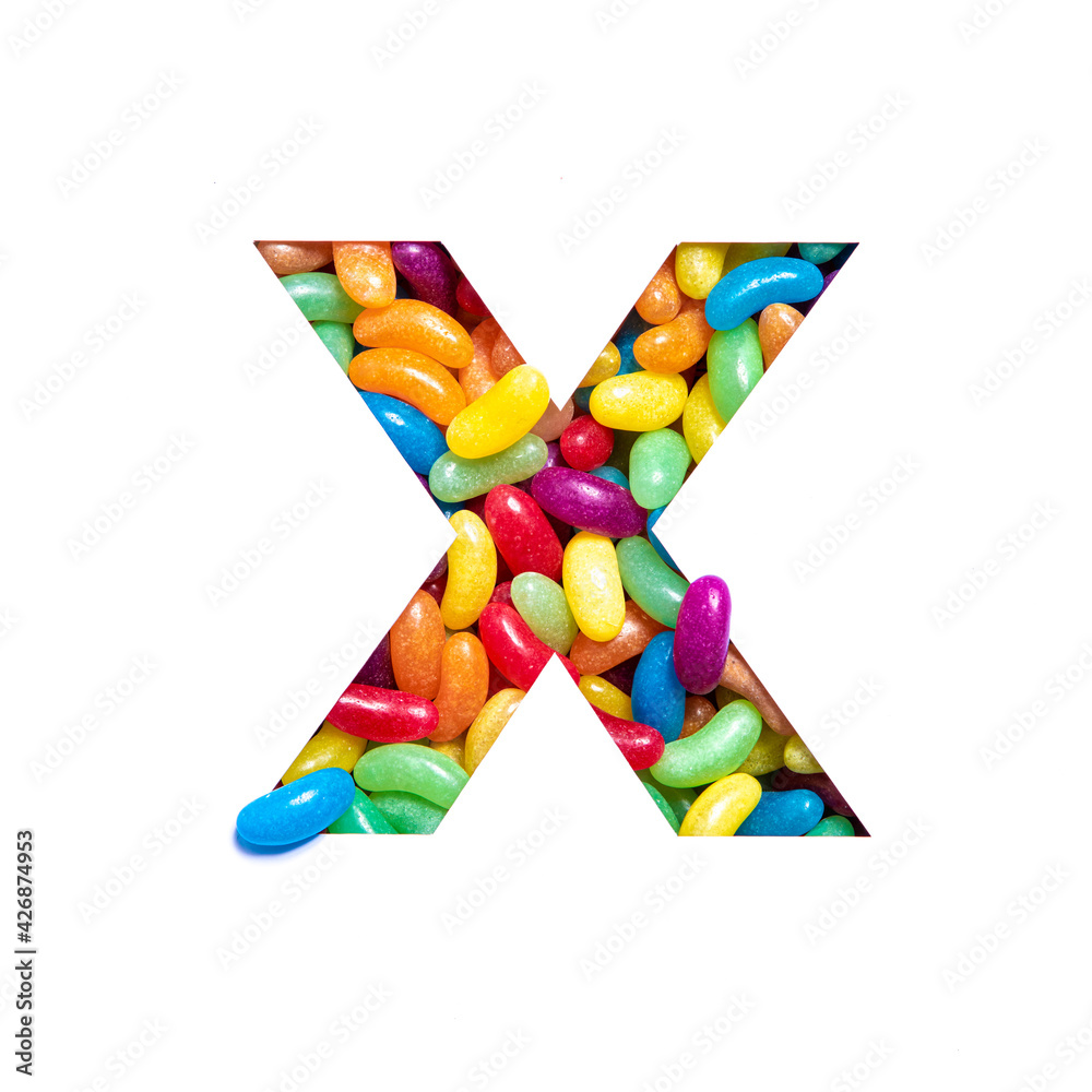 Letter X of alphabet of colourful rainbow jelly beans glucose candies ...