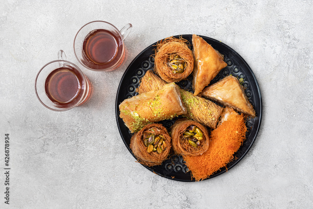 Traditional turkish, arabic sweets baklava assortment with pistachio ...