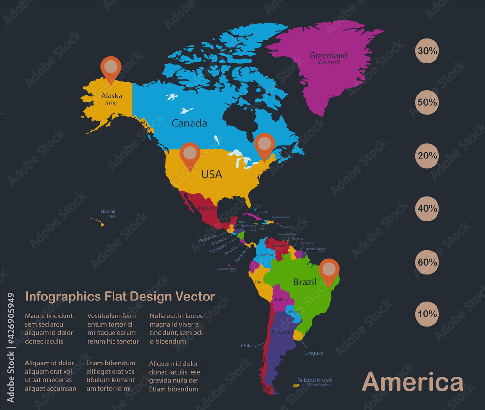 Infographics America map, flat design colors, with names of individual ...
