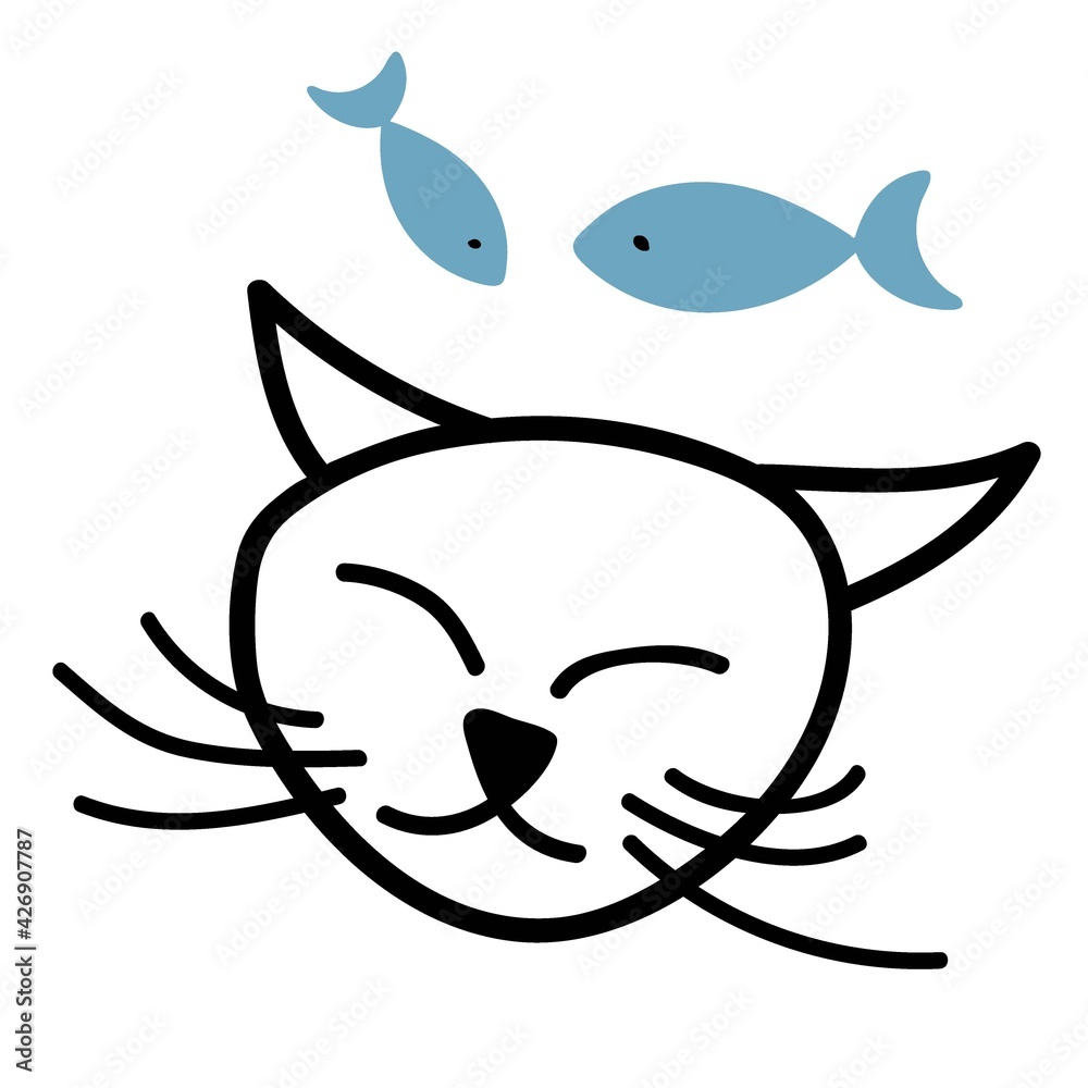 Hand drawn vector illustration of cat face with fish. Isolated objects ...