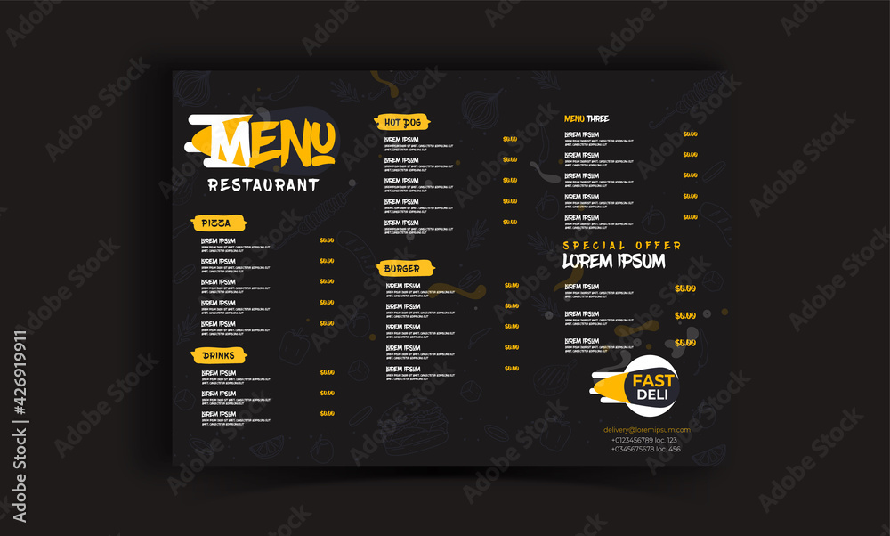 Dark Menu Layout with Seafood, Burger Restaurant Menu Layout Food and ...