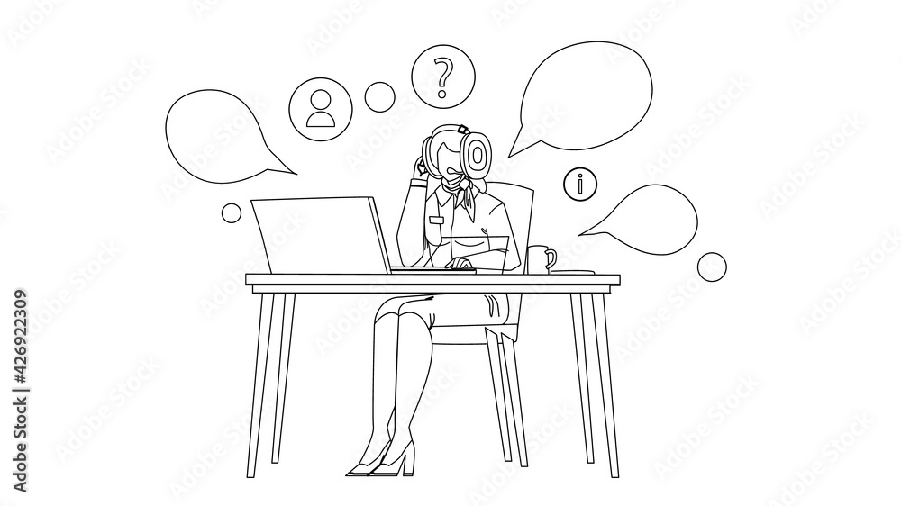 Call Center Dispatcher Working At Table Black Line Pencil Drawing ...