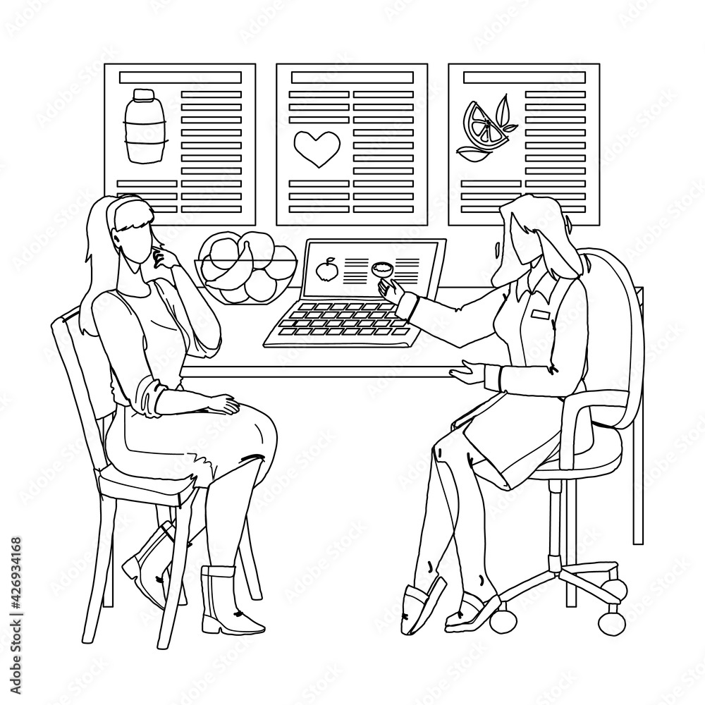Nutritionist Giving Consultation To Patient Black Line Pencil Drawing ...