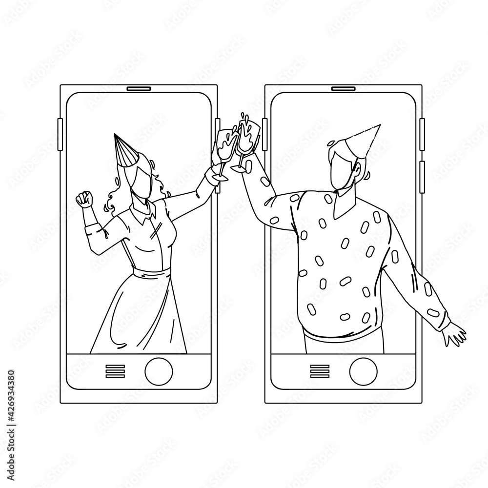 Online Celebrating Birthday Friends Couple Black Line Pencil Drawing ...