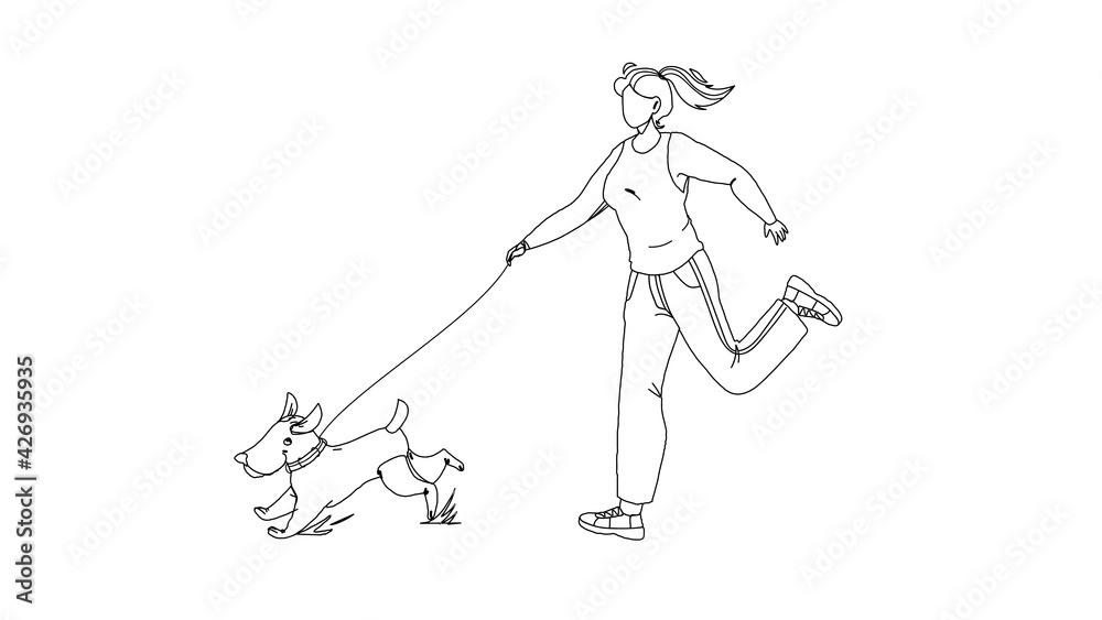 Pet Walking And Running In Park With Girl Black Line Pencil Drawing ...