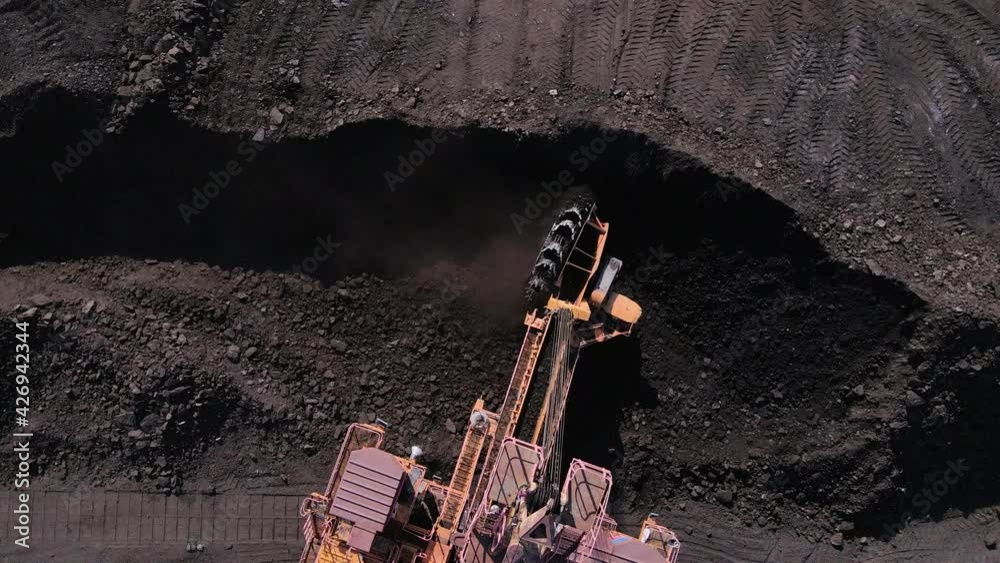2021, Novoshakhtinsky, Russia - Extraction of coal. View from above. A ...