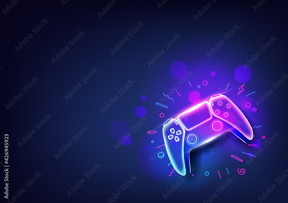 Neon game controller or joystick for game console on blue background ...
