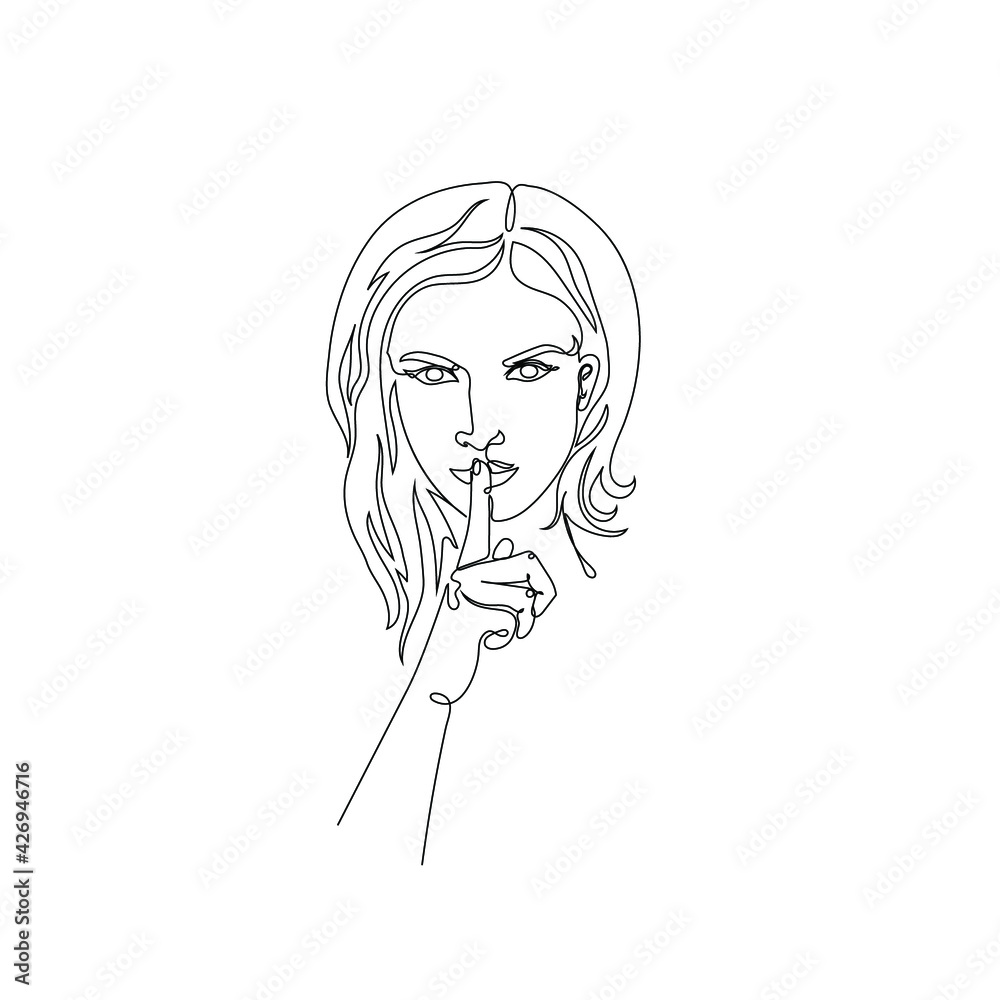 Continuous line vector drawing of woman holding finger on her lips ...