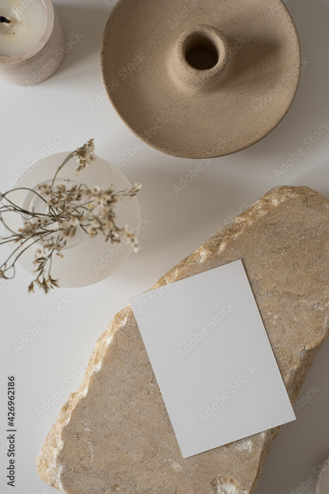 Blank paper sheet card with mockup copy space, dry flowers, marble ...