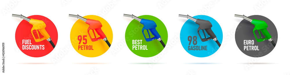 Set of stickers for gas station, circles with fuelling gun or nozzel ...