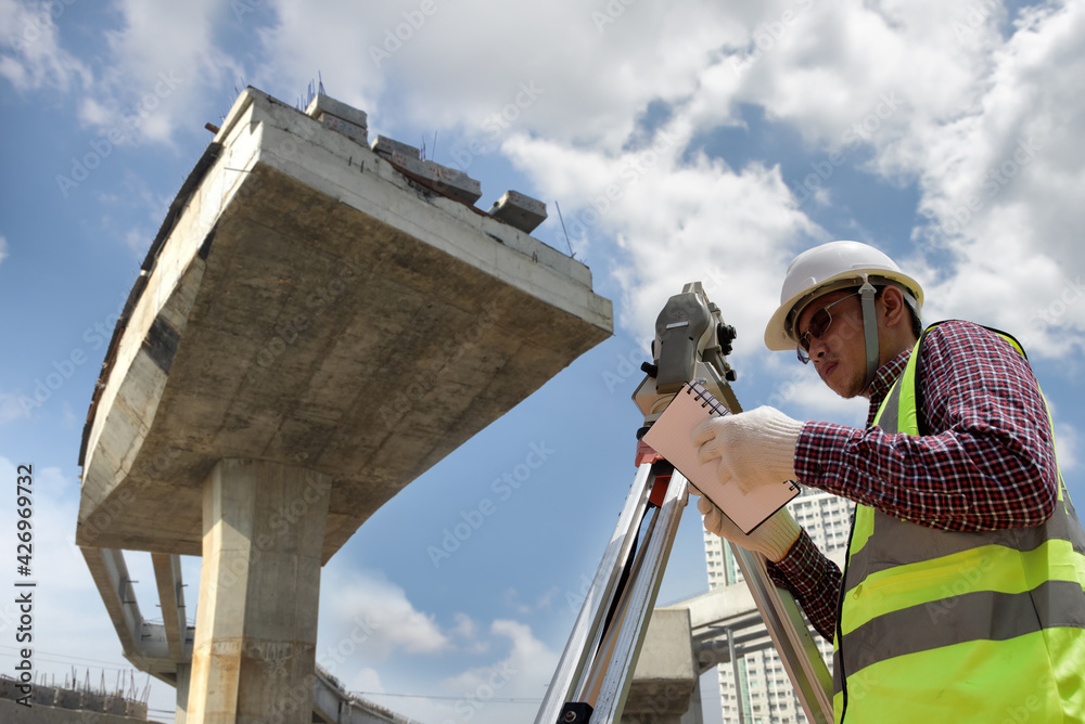 Highway Construction Surveying. Land surveyor for road placement, an ...