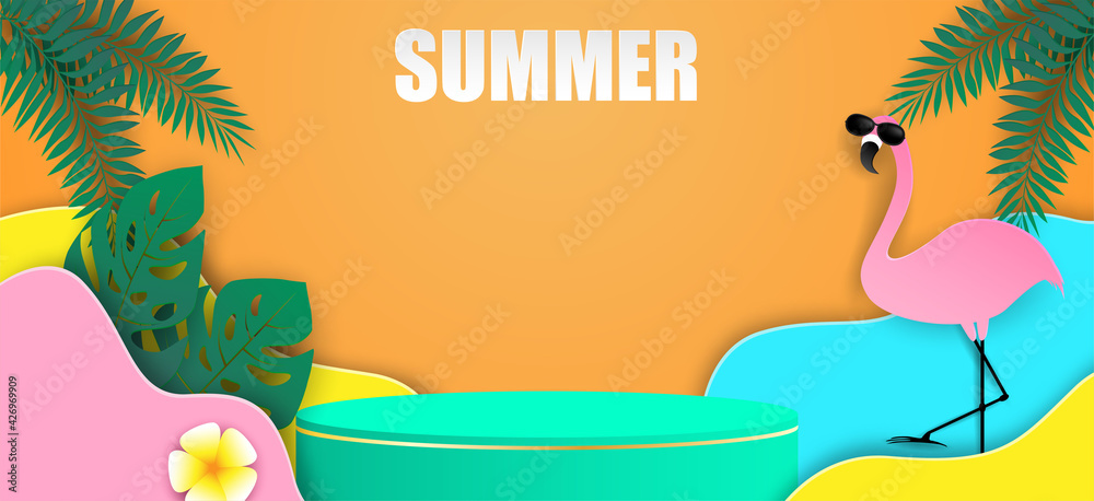 Summer theme product display podium. Design with tropical leaves on ...