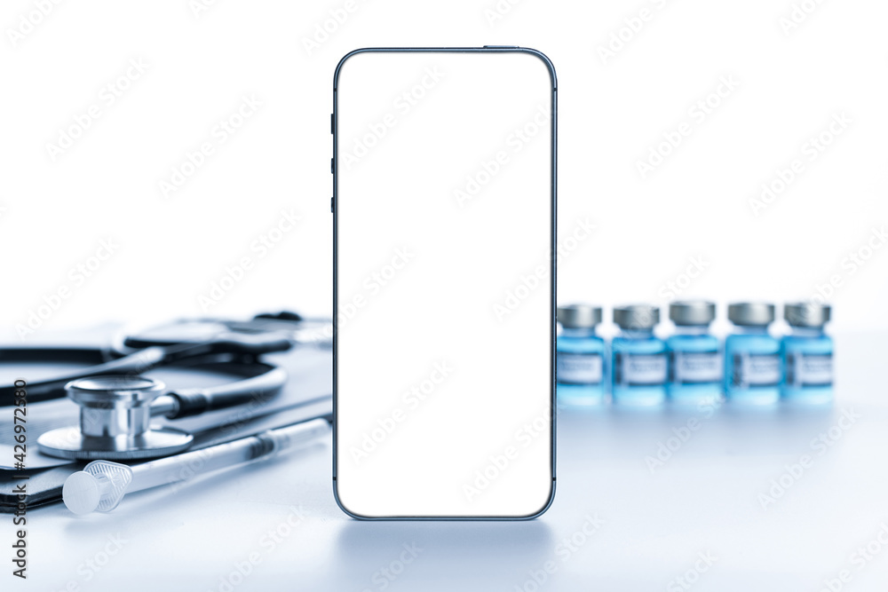 Medical equipment. Doctor stethoscope, healthcare charts, syringe with ...