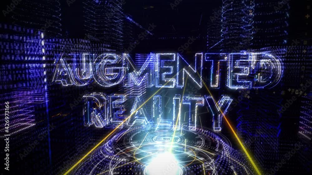 Dark digital platform. Blue symbols. Yellow circles. Augmented reality ...