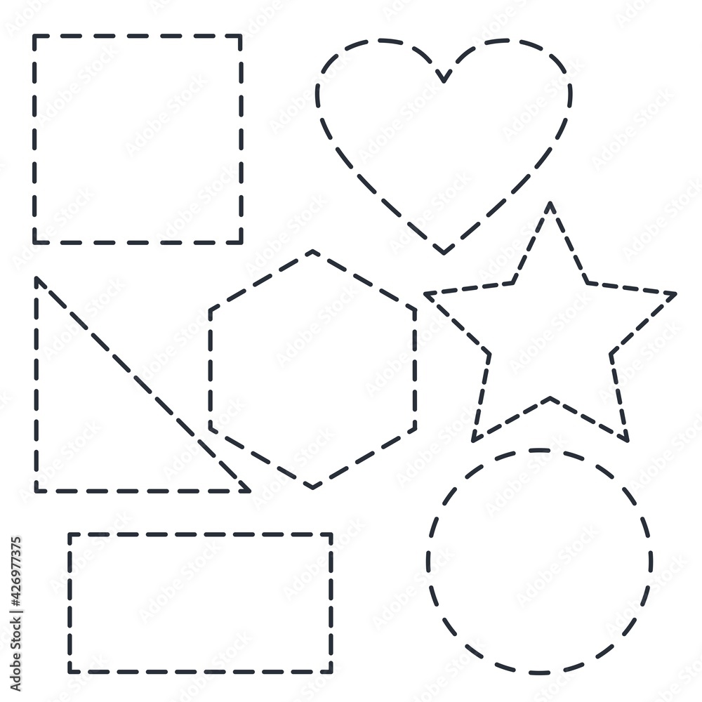 Dotted line shapes set. Square, triangle, heart, star, hexagon, circle ...
