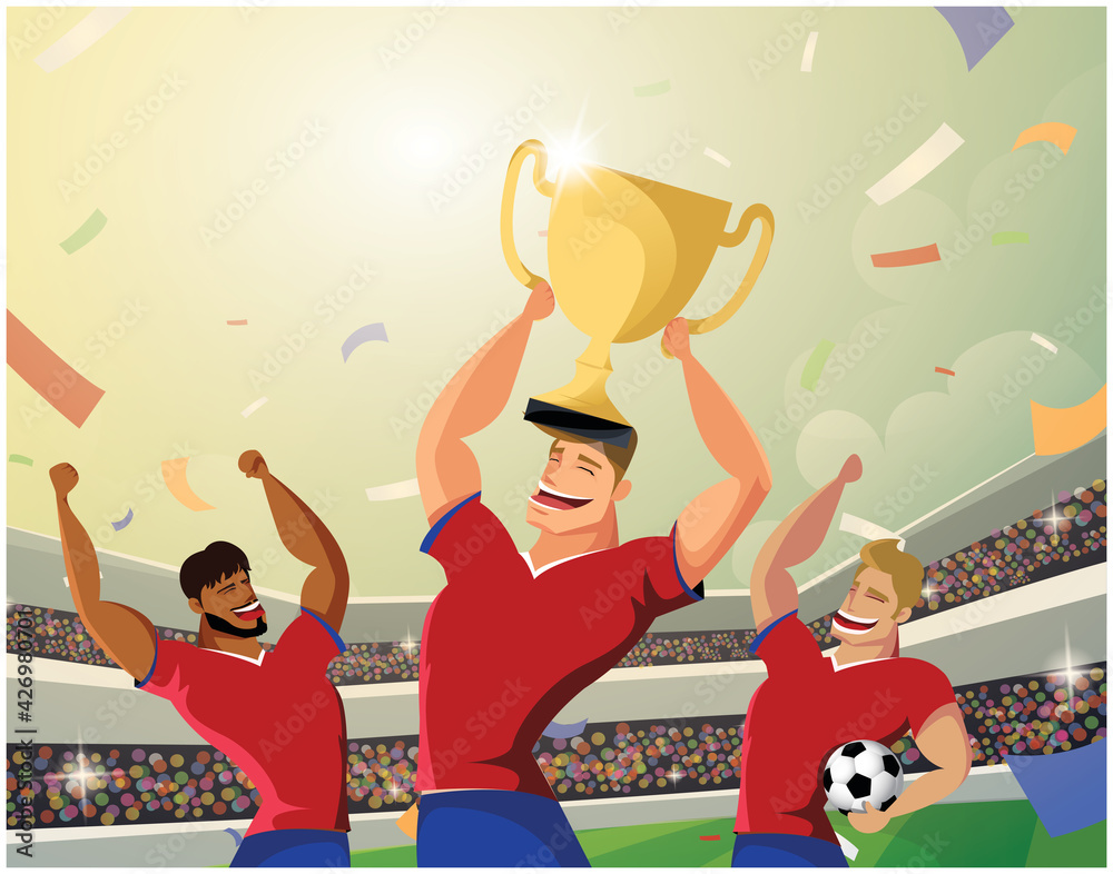 Winner team player holding soccer ball and Champion cup trophy in ...