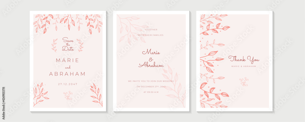 Elegant minimal line art watercolor wedding invitation card with ...