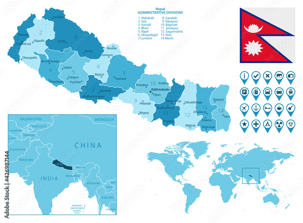 Nepal detailed administrative blue map with country flag and location ...