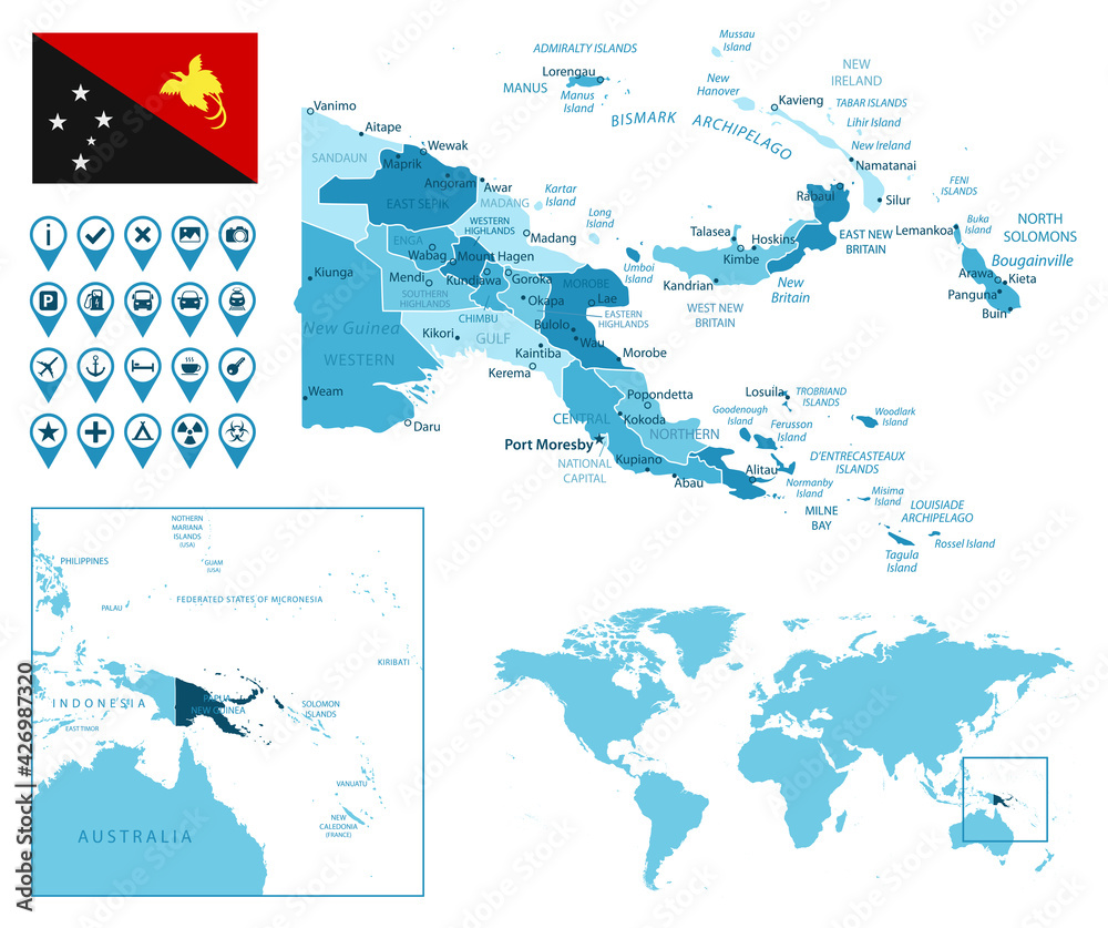 Papua New Guinea detailed administrative blue map with country flag and ...