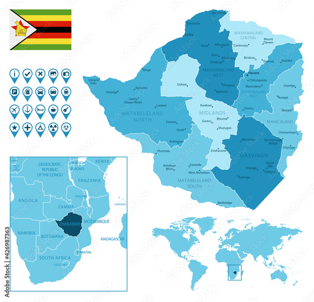 Zimbabwe detailed administrative blue map with country flag and ...