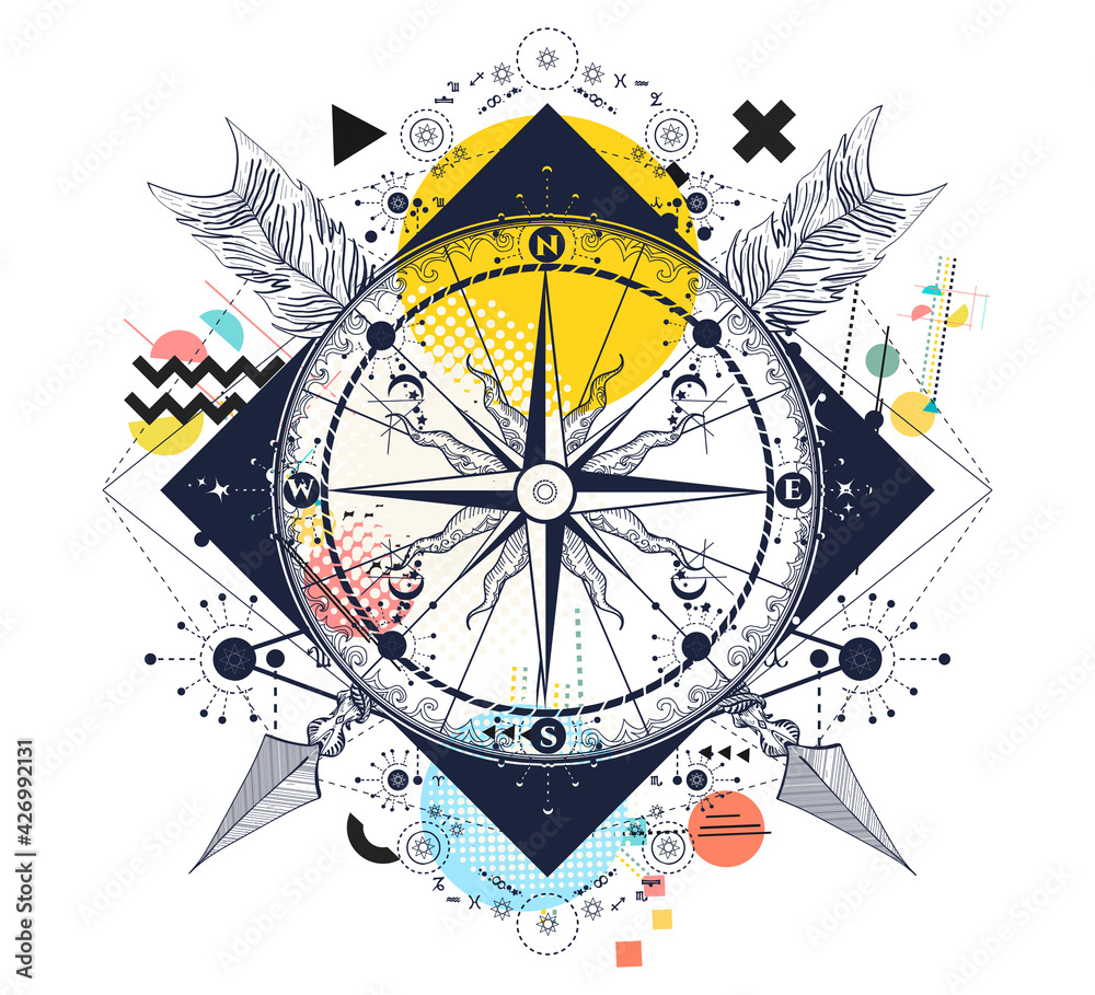 Compass and crossed arrows. Zine culture concept. Hand drawn vector ...