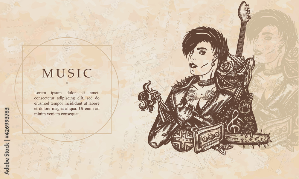 Music. Punk girl. Woman rock musician and electric guitar. Punker with ...