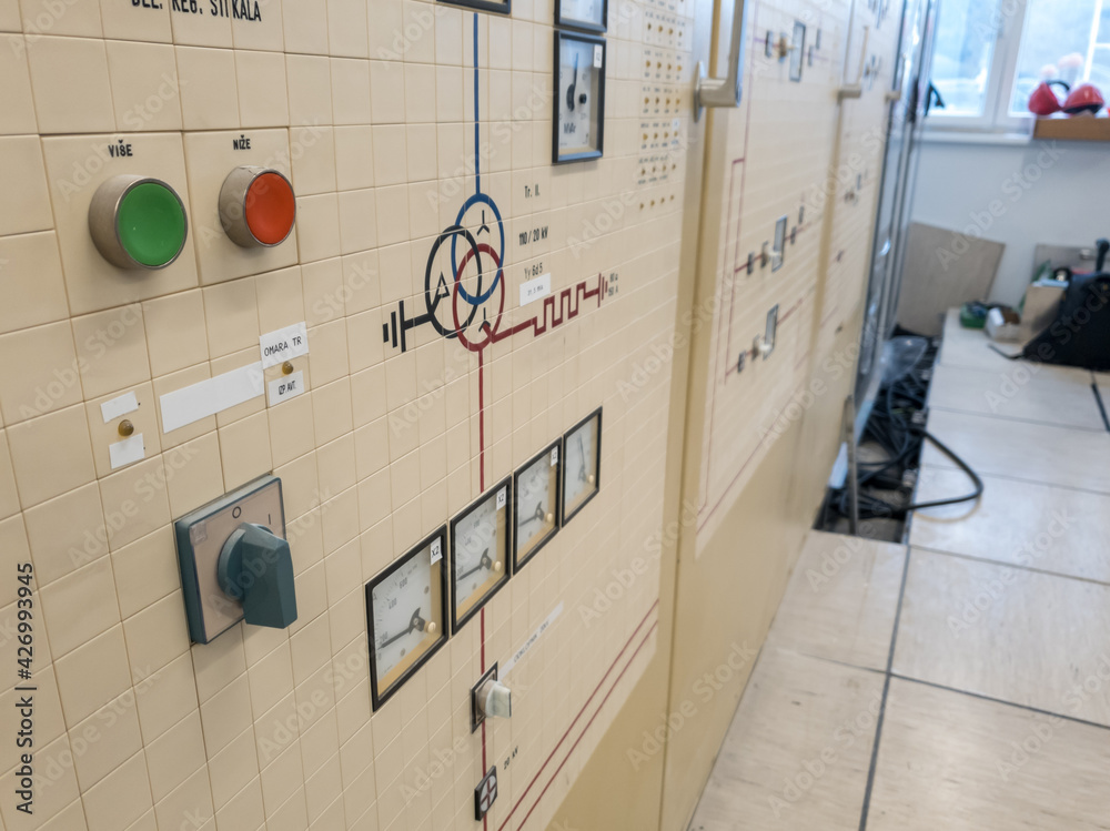 Vintage control and protection panels of power plant with single line ...