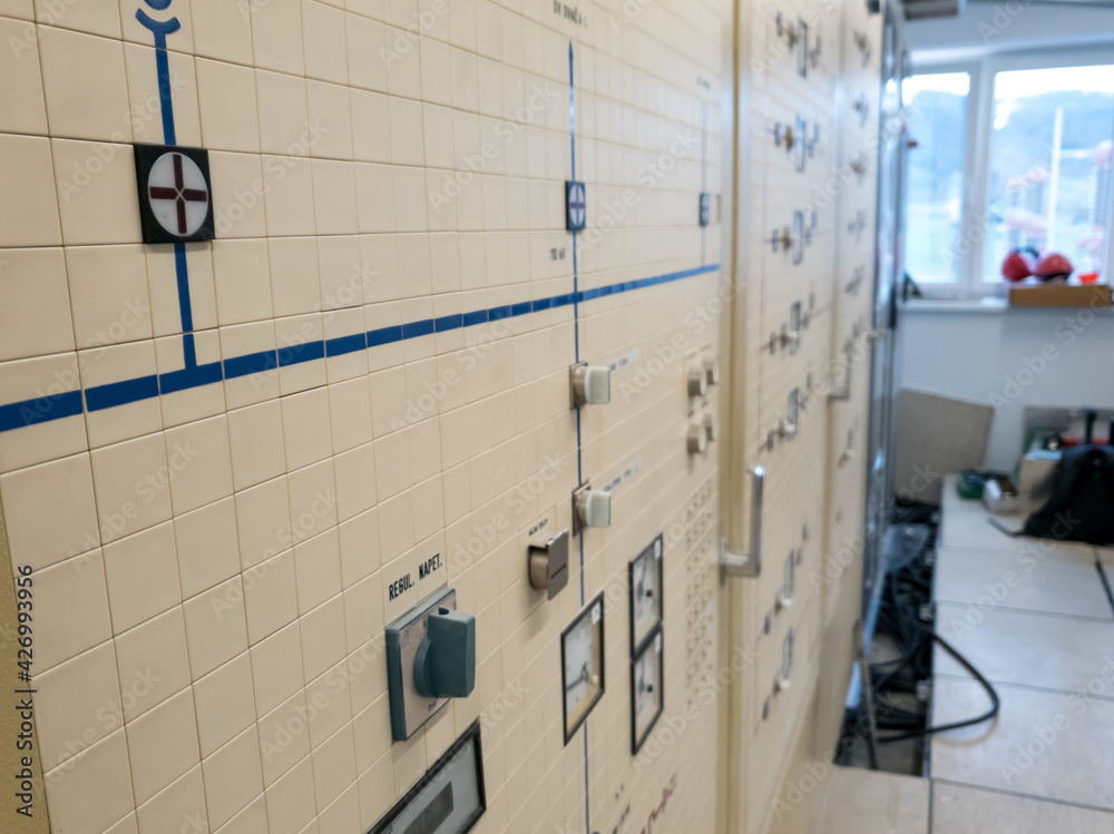 Vintage control and protection panels of power plant with single line ...