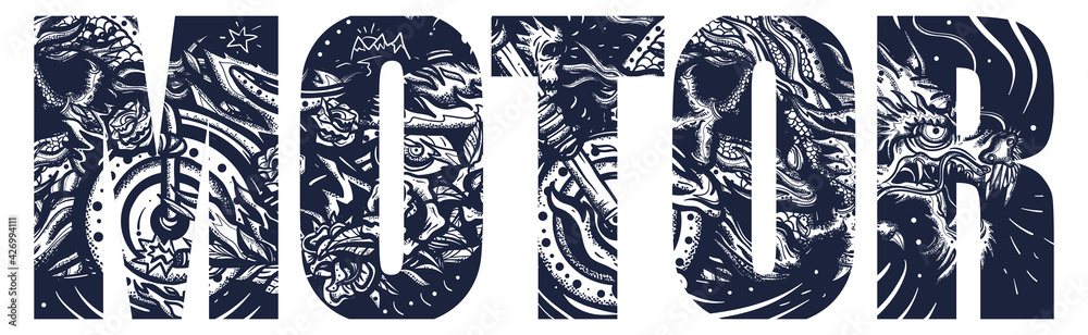 Motor slogan. Double exposure lettering. Bikers lifestyle. Burning ...