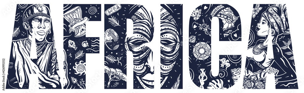 Africa slogan. Double exposure lettering. Typography art. Tattoo style ...