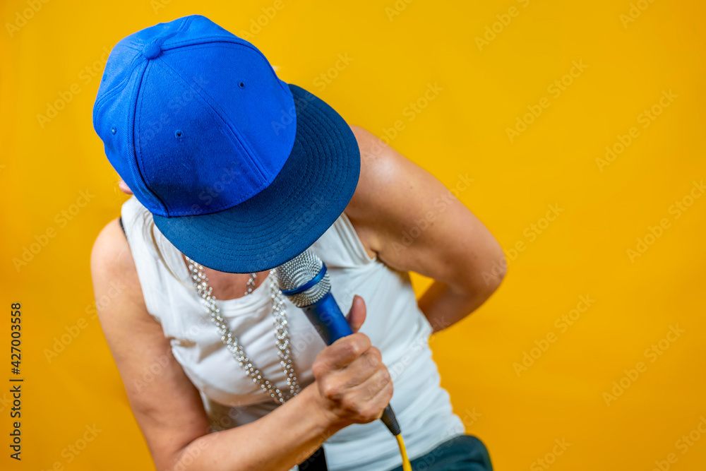 Funny portrait of mature woman. Lady having fun dressed as an angry ...