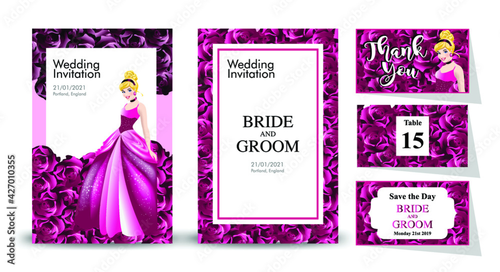 Princess Wedding and Birthday Invitation Card Template Set. Princess in ...