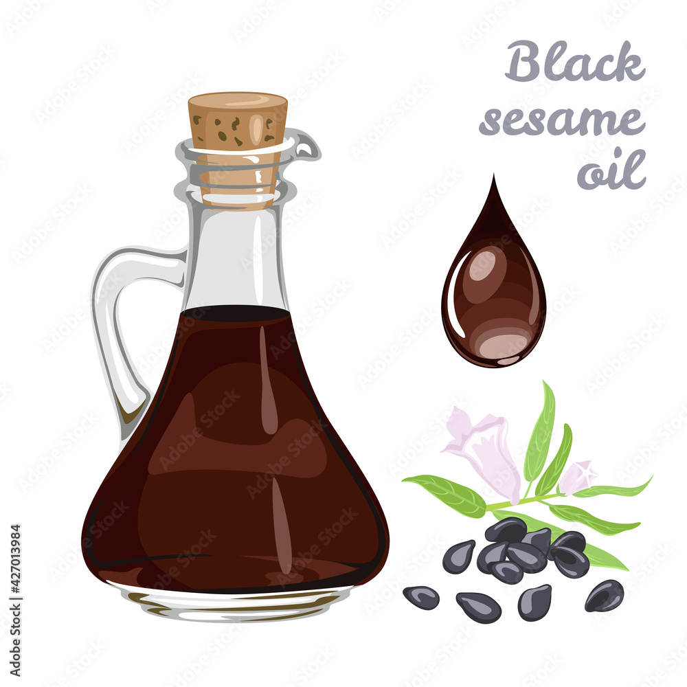 Black sesame oil in glass bottle, drop, seeds and flowering plant ...
