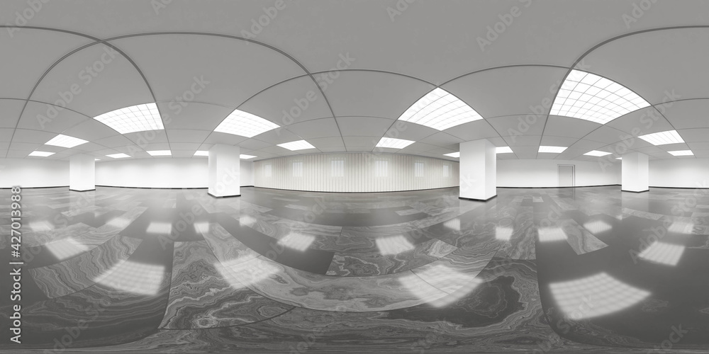 360 panorama view of modern office with white walls marble floor and ...