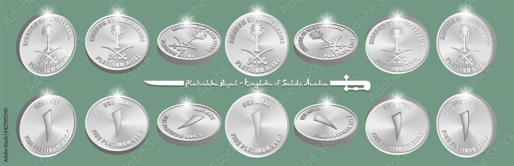3d set of volumetric coins with ribbed edge. Platinum riyal with the ...