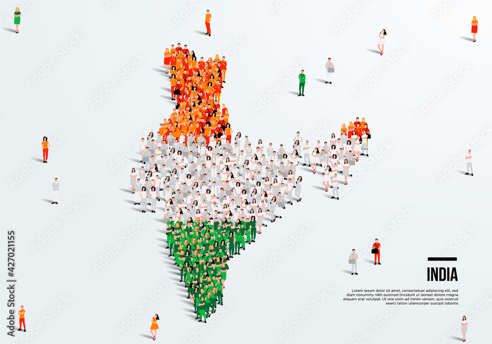 India Map and Flag. A large group of people in Indian flag color form ...
