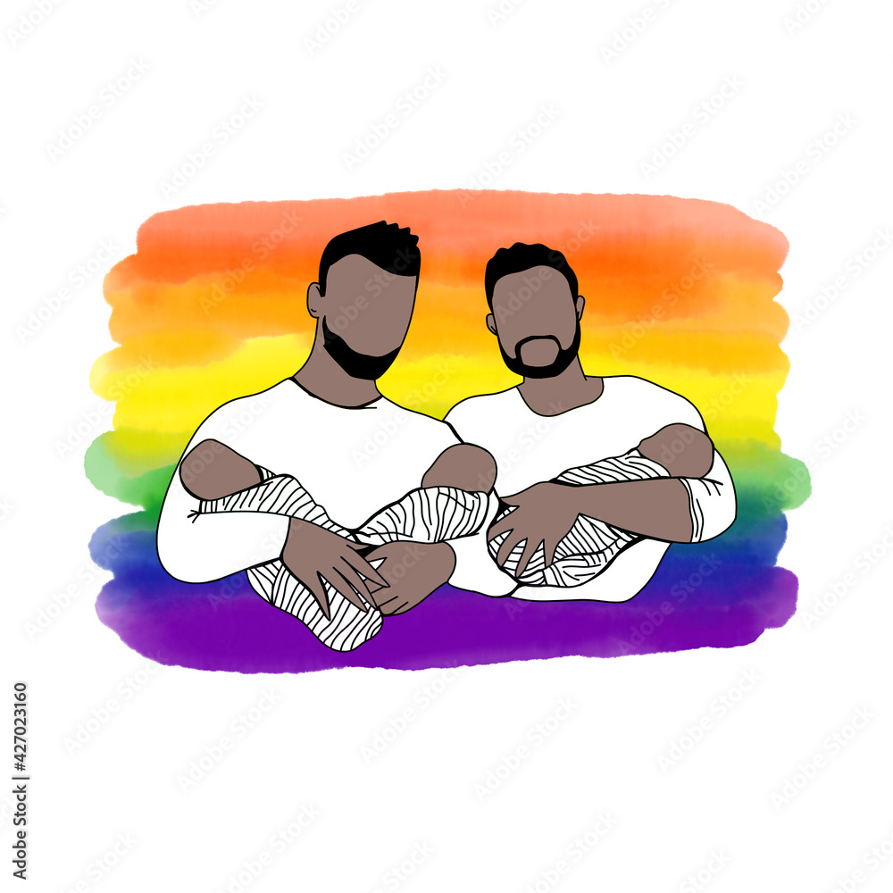 LGBT family hugs their child. African American foster fathers smile ...