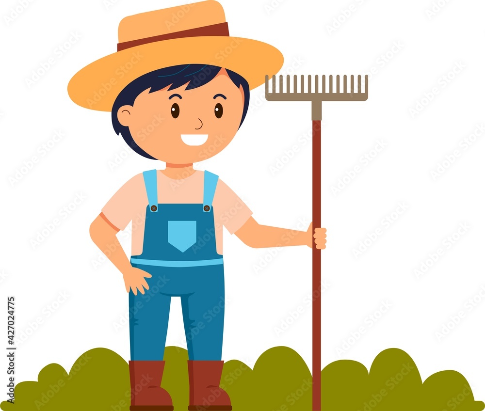 Cute cartoon young guy farmer holding rake isolated on white background ...