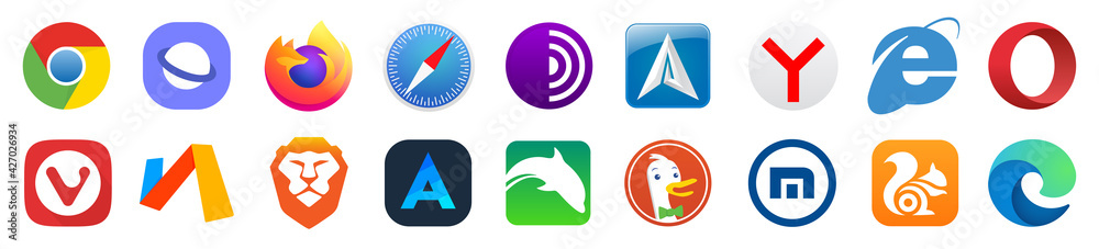 Kiev, Ukraine - April 11, 2021: Set popular logos internet browser ...