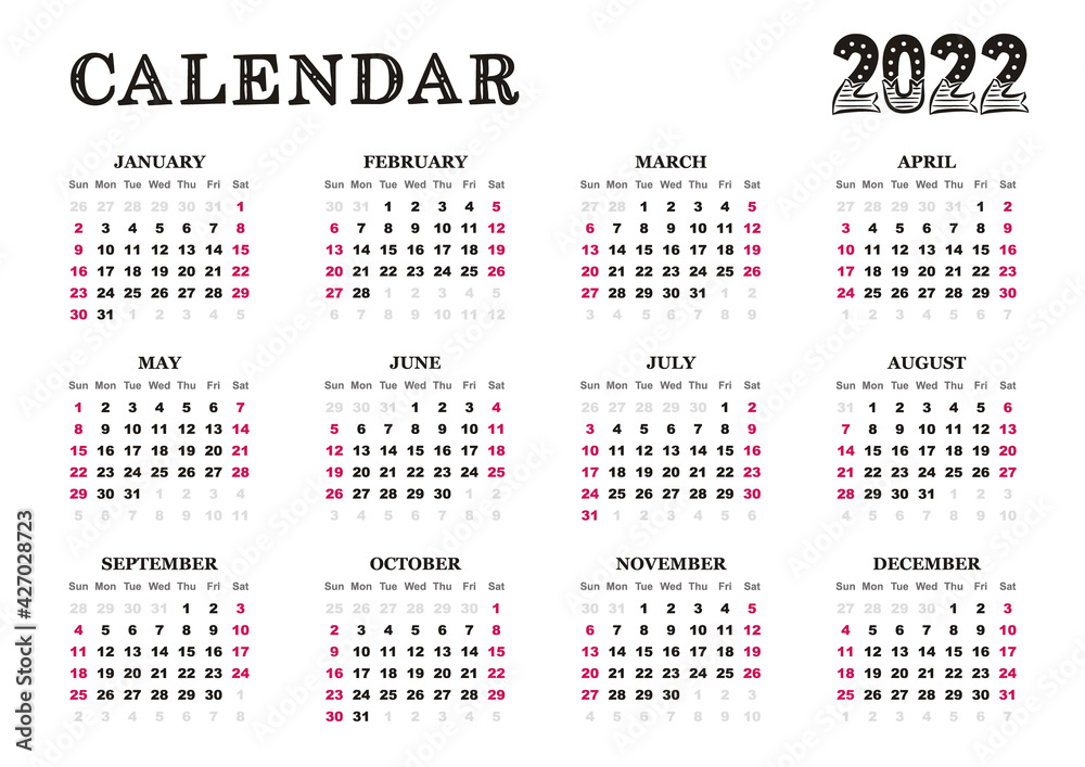 Landscape Calendar template for 2022 year. 12 months yearly calendar ...