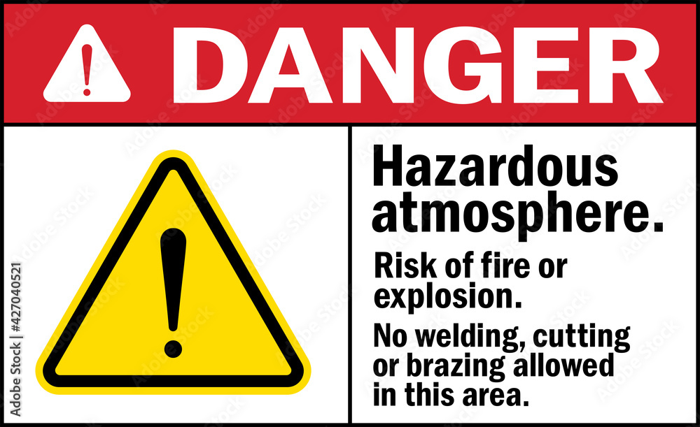 Danger sign. Hazardous atmosphere risk of fire or explosion. No welding ...