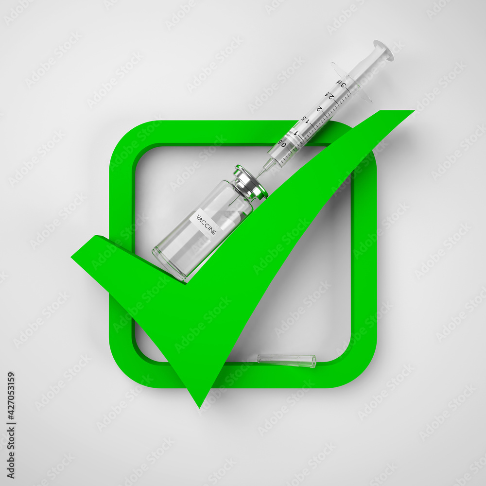 Green check mark icon symbol, vaccine bottle and syringe on white ...