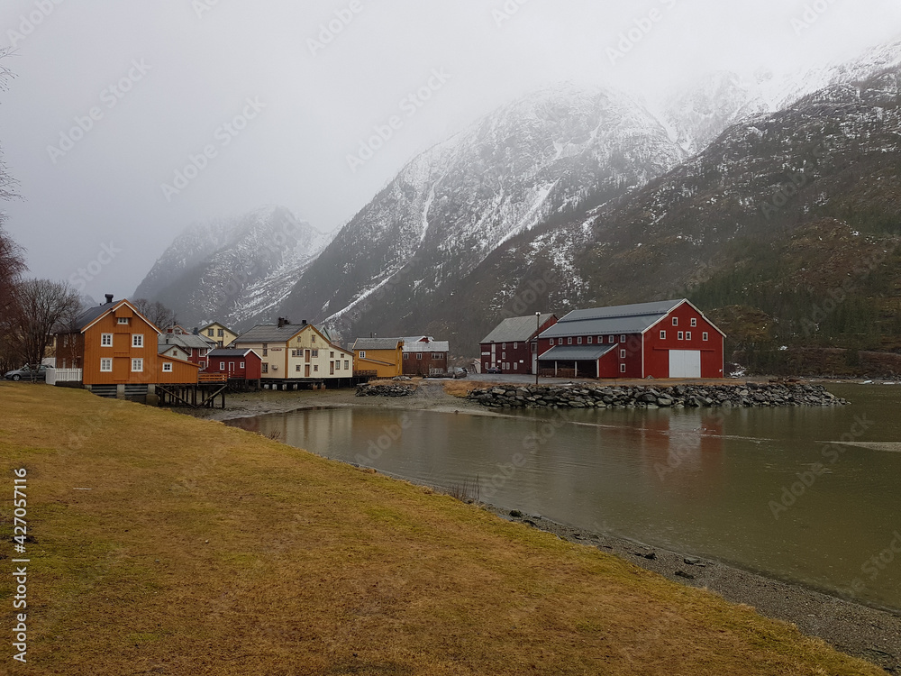 The beautiful city of Mosjøen in Northern Norway with the river Vefsn ...