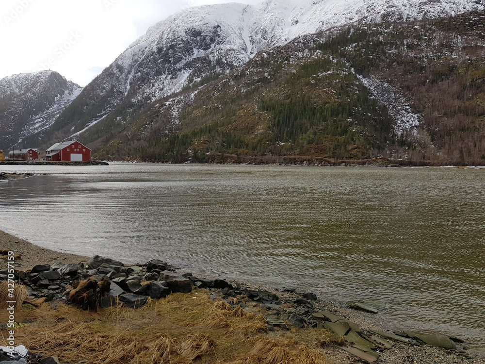The beautiful city of Mosjøen in Northern Norway with the river Vefsn ...