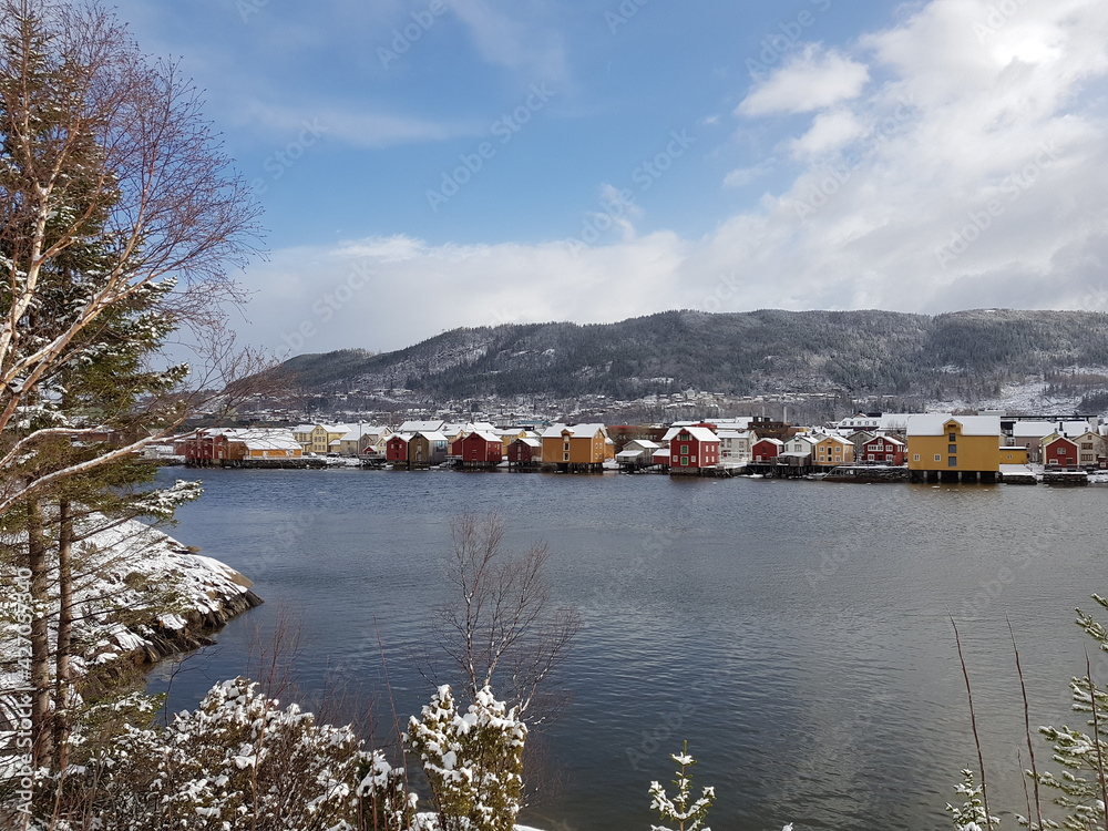 The beautiful city of Mosjøen in Northern Norway with the river Vefsn ...