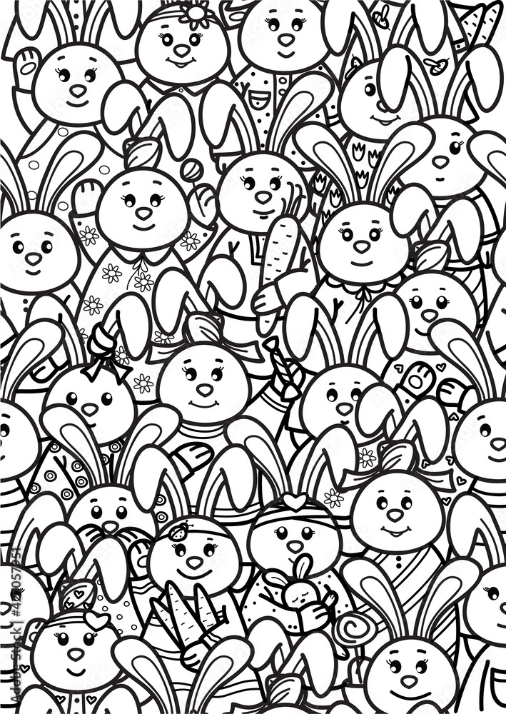 Vector cute rabbits cartoons, coloring page. Seamless pattern of ...
