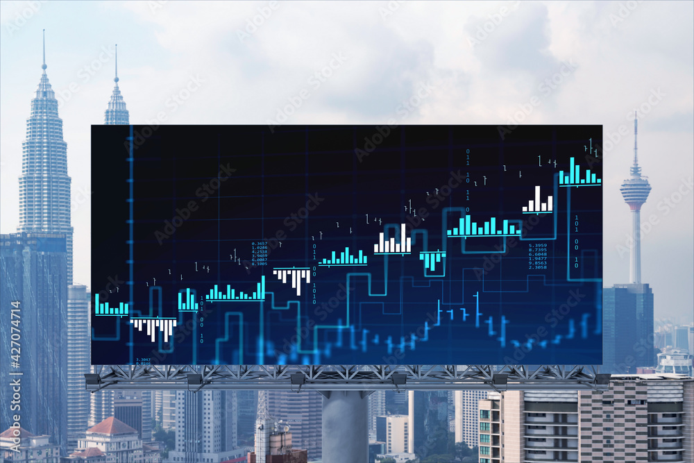 Forex and stock market chart hologram on road billboard over panorama ...